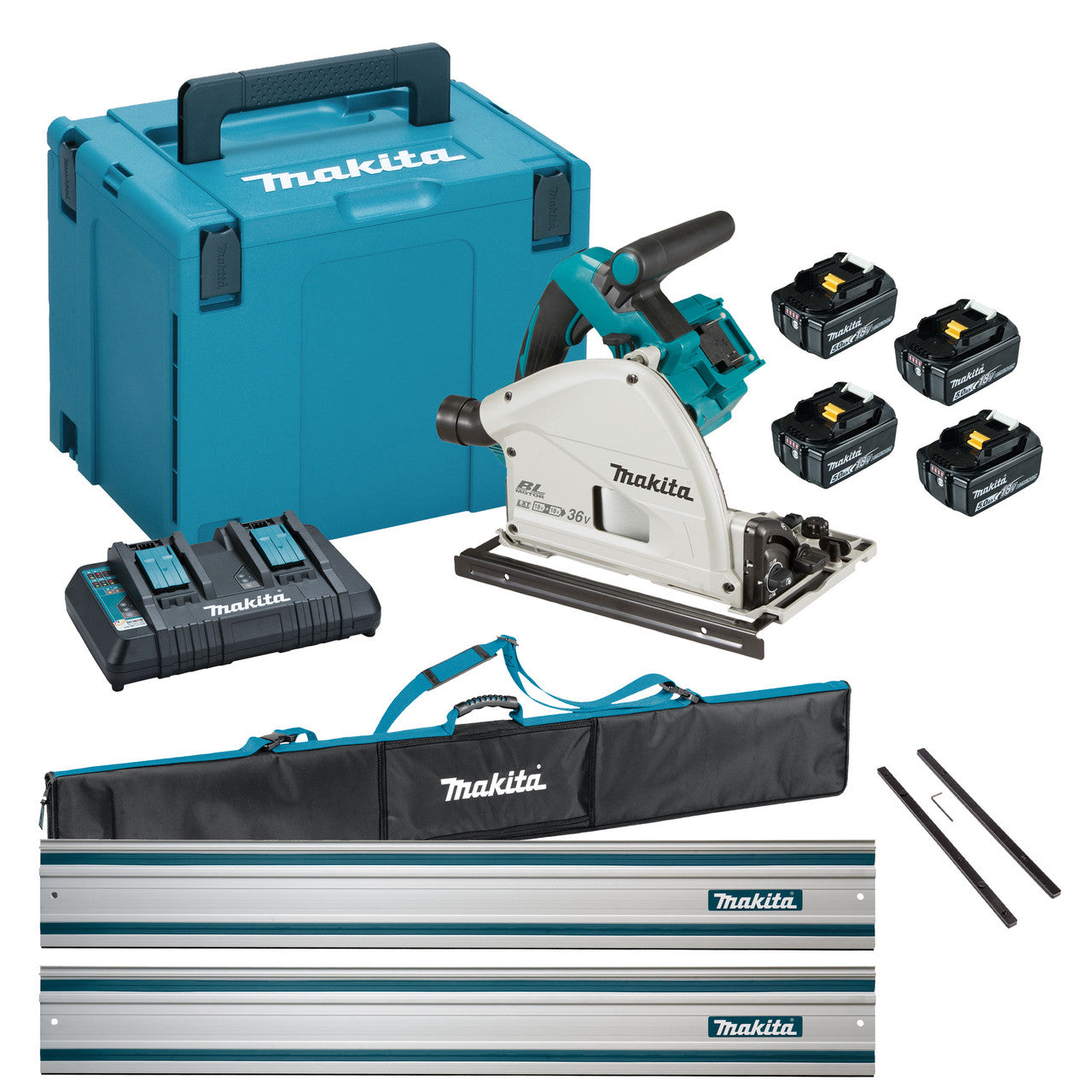 Makita DSP600 36V 165mm Plunge Saw & 2 x 1.5m Guide Rails (4 x 5.0Ah B ...